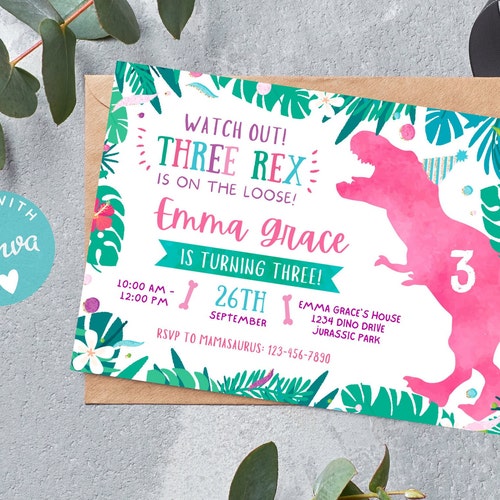 Editable Three Rex Invitation Girl Dinosaur Birthday - Etsy