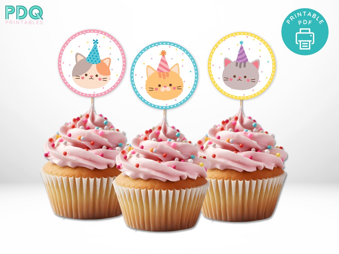 Kitten Birthday Party Cupcake Toppers, Cute Cat Cupcake Toppers, Kitty ...