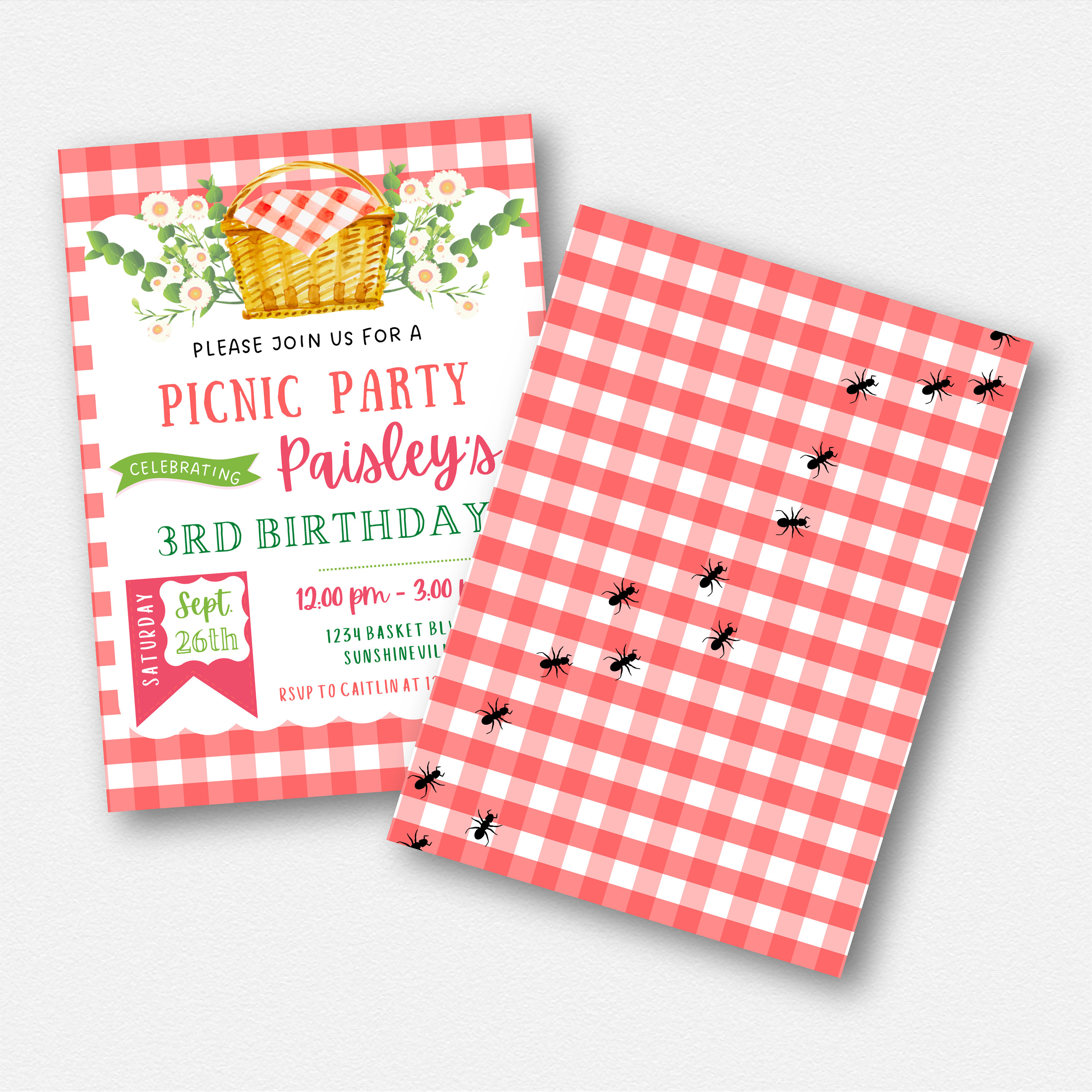 Editable Picnic Birthday Invitation for Girls – Gingham Party Invite ...