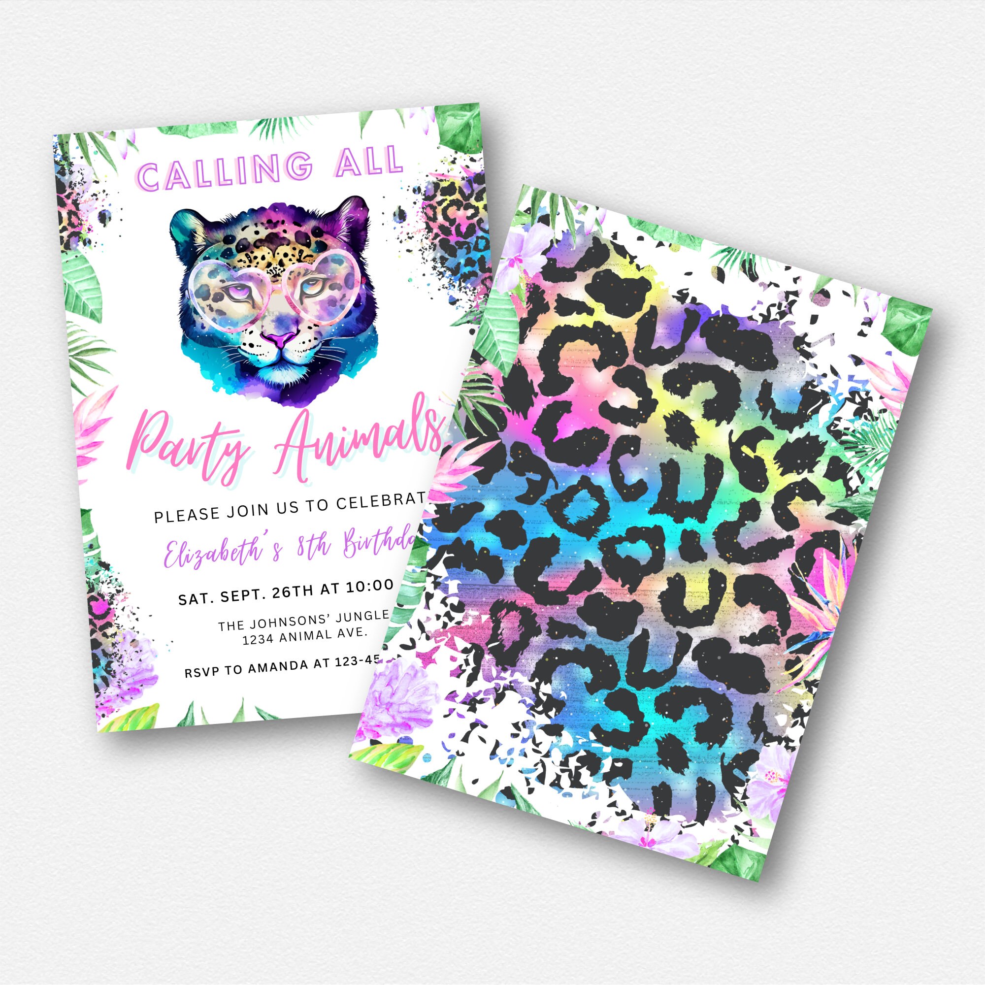 Leopard Birthday Invitation, Calling All Party Animals Invite, Rainbow ...