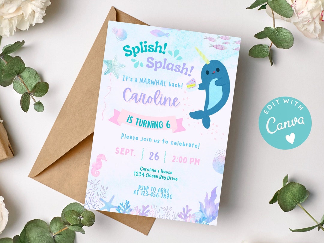 Narwhal Birthday Invitation, Narwhal Birthday Invite, Narwhal Editable ...