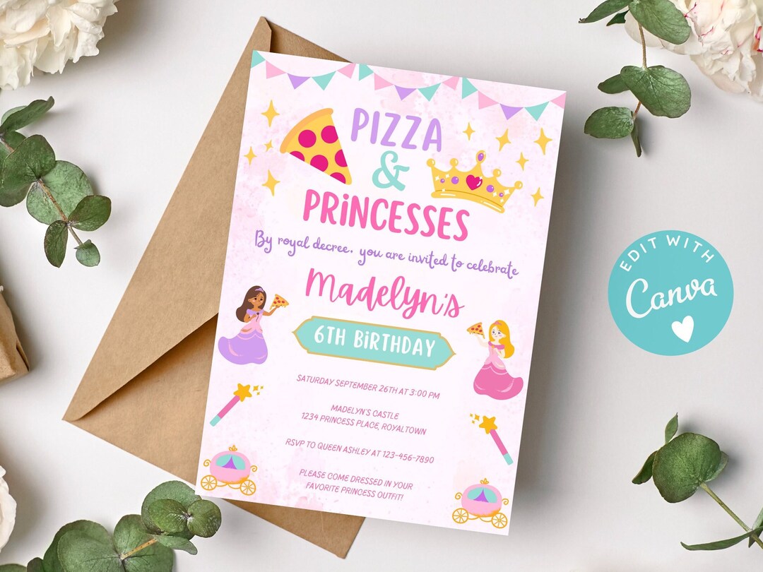 Pizza and Princesses Invitation, Girl Pizza Party Invitation, Girl ...