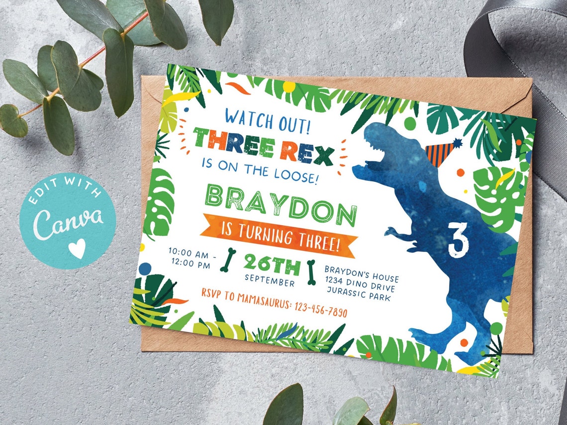 Three Rex Invitation Three Rex Birthday Invitation Instant - Etsy