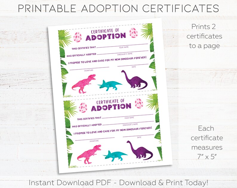 Adopt a Dinosaur Printable Sign & Dinosaur Adoption Certificates, Girl ...