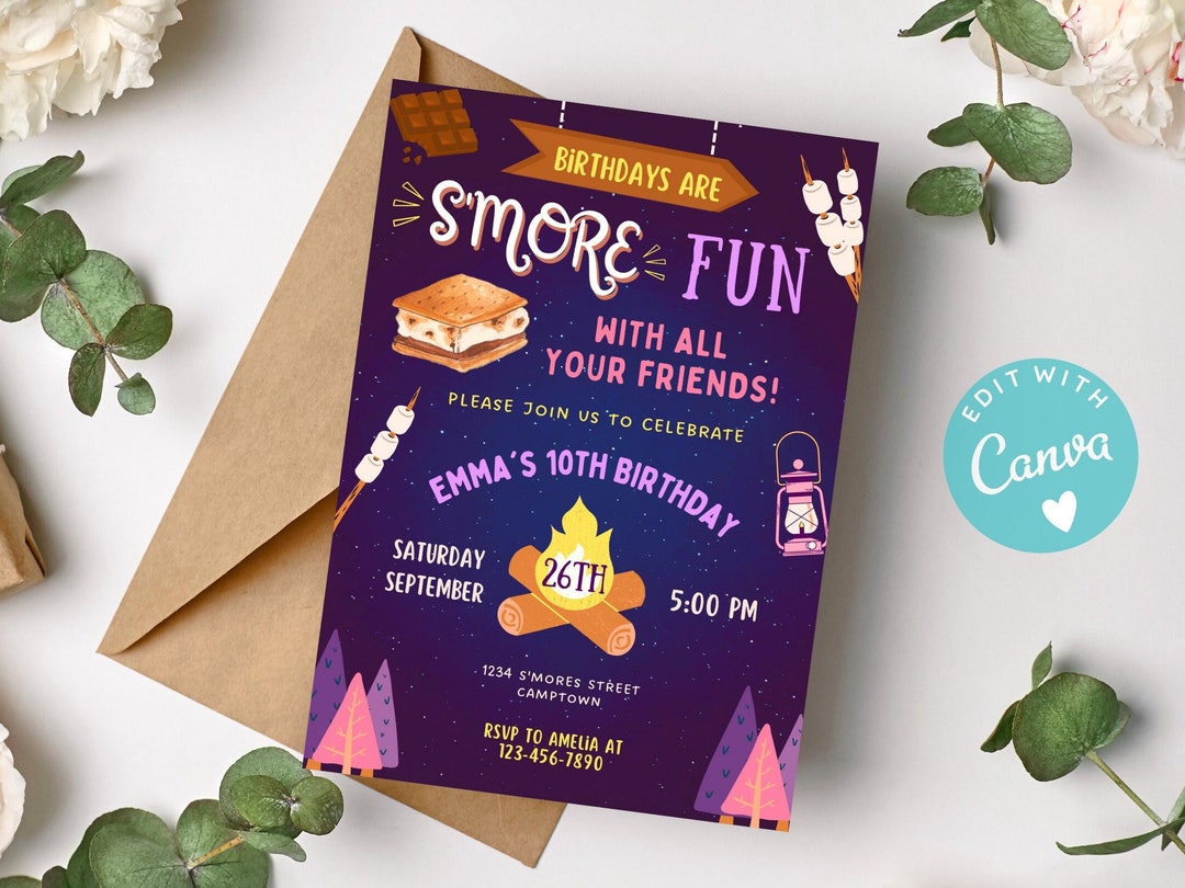 S'more Fun Invitation, Girl S'more Fun Invite, Glamping Sleepover ...