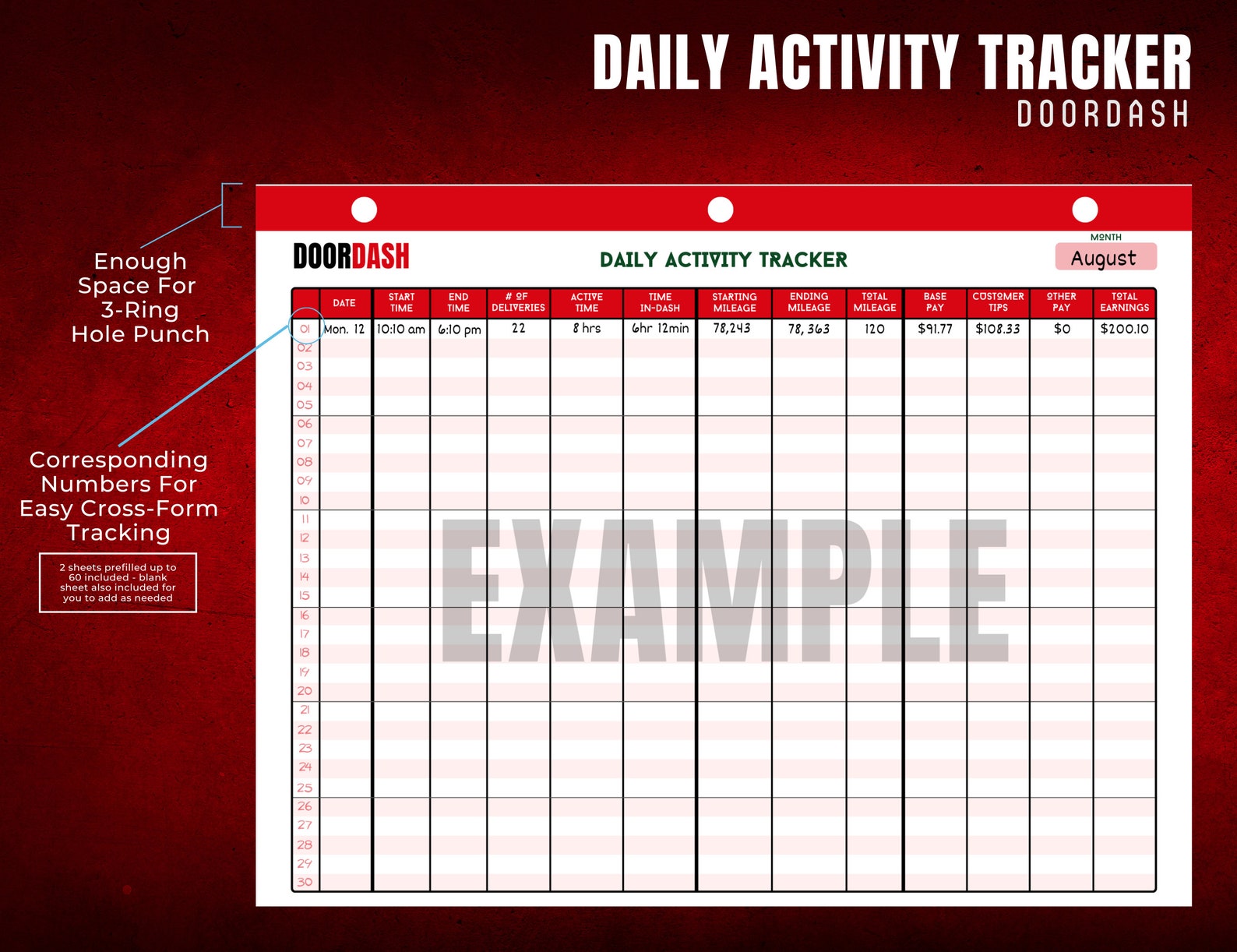 Doordash Daily Activity Tracker, Time Tracking, Delivery Log, Active ...