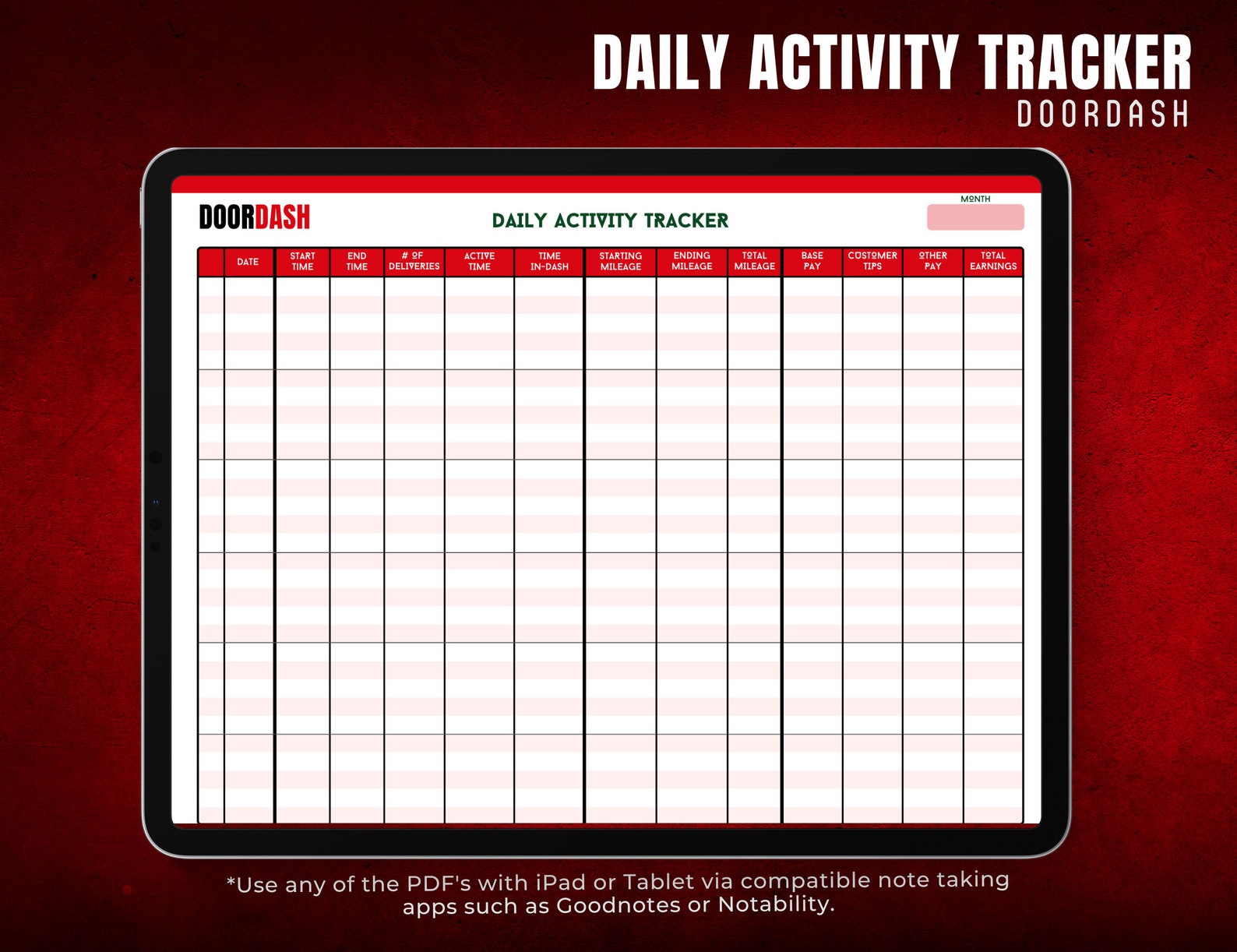 Doordash Daily Activity Tracker, Time Tracking, Delivery Log, Active ...
