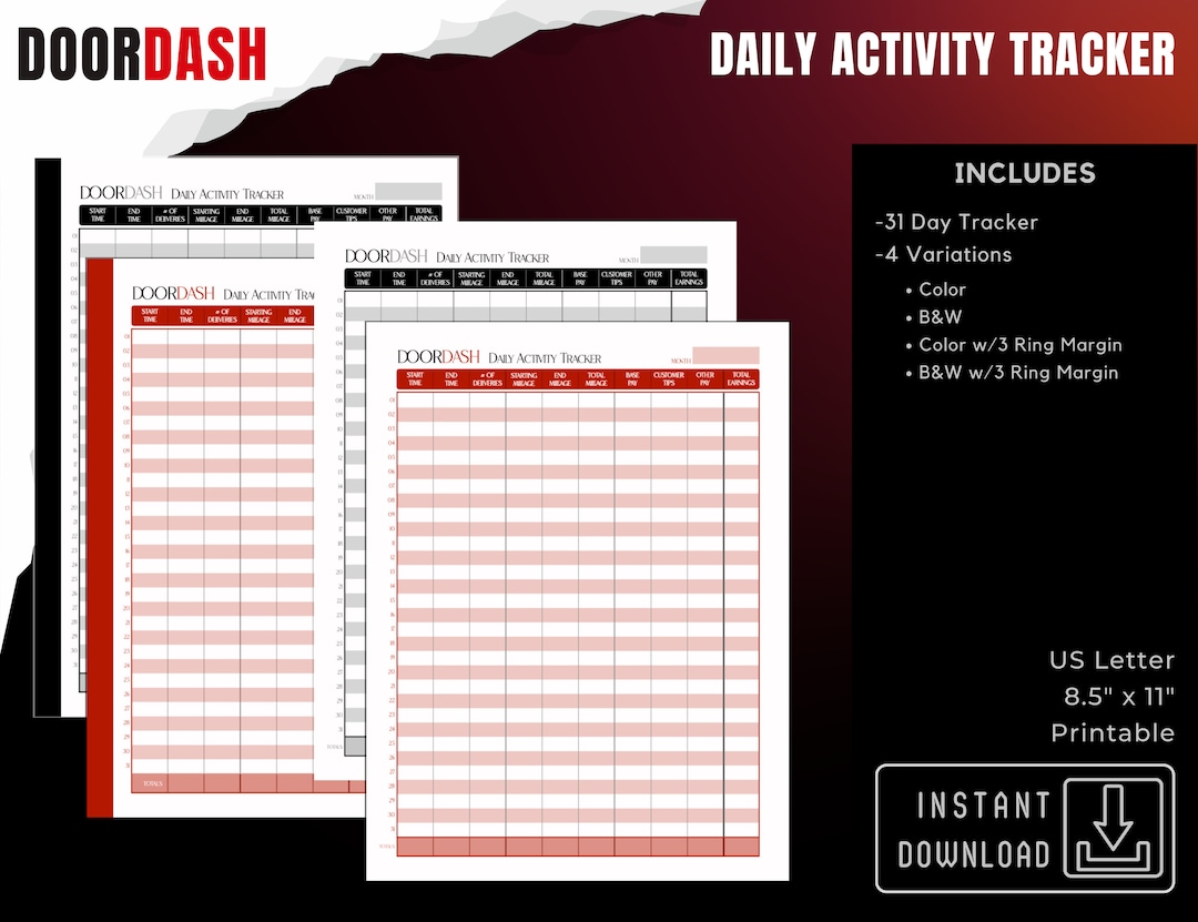Doordash Daily Activity Tracker, Time Tracking, Mileage Tracking ...