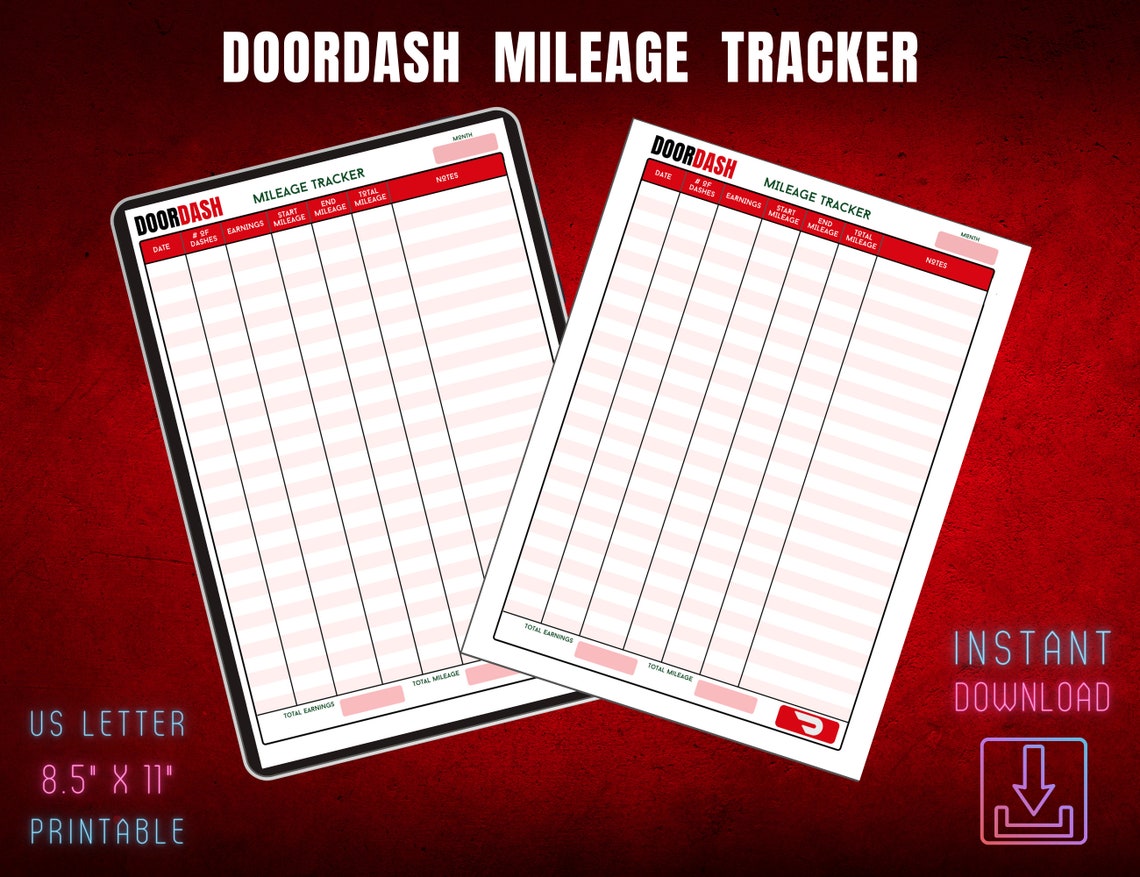 Doordash Mileage Tracker, Mileage Log, Digital Prints, Printable Miles ...