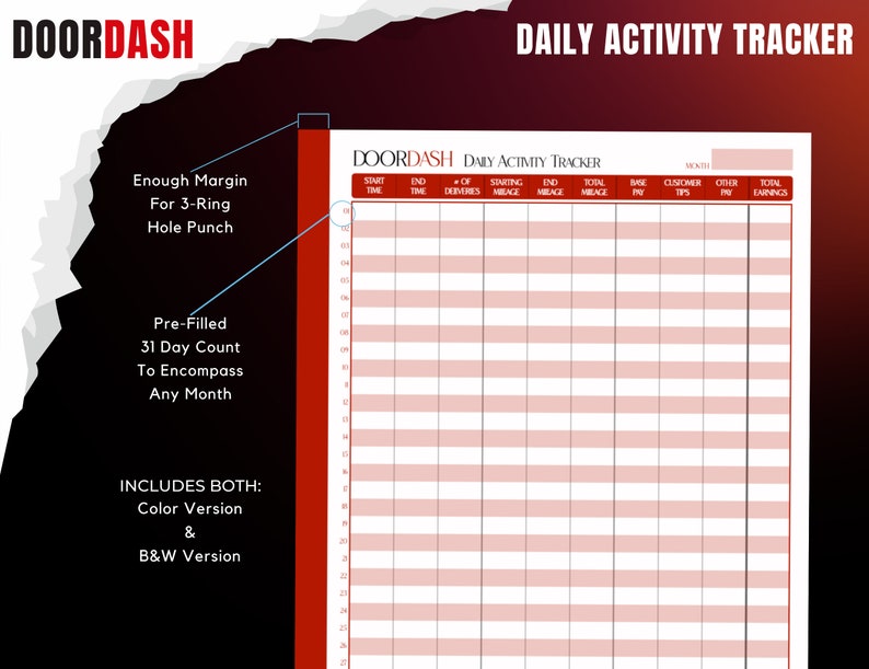 Doordash Daily Activity Tracker, Time Tracking, Mileage Tracking ...