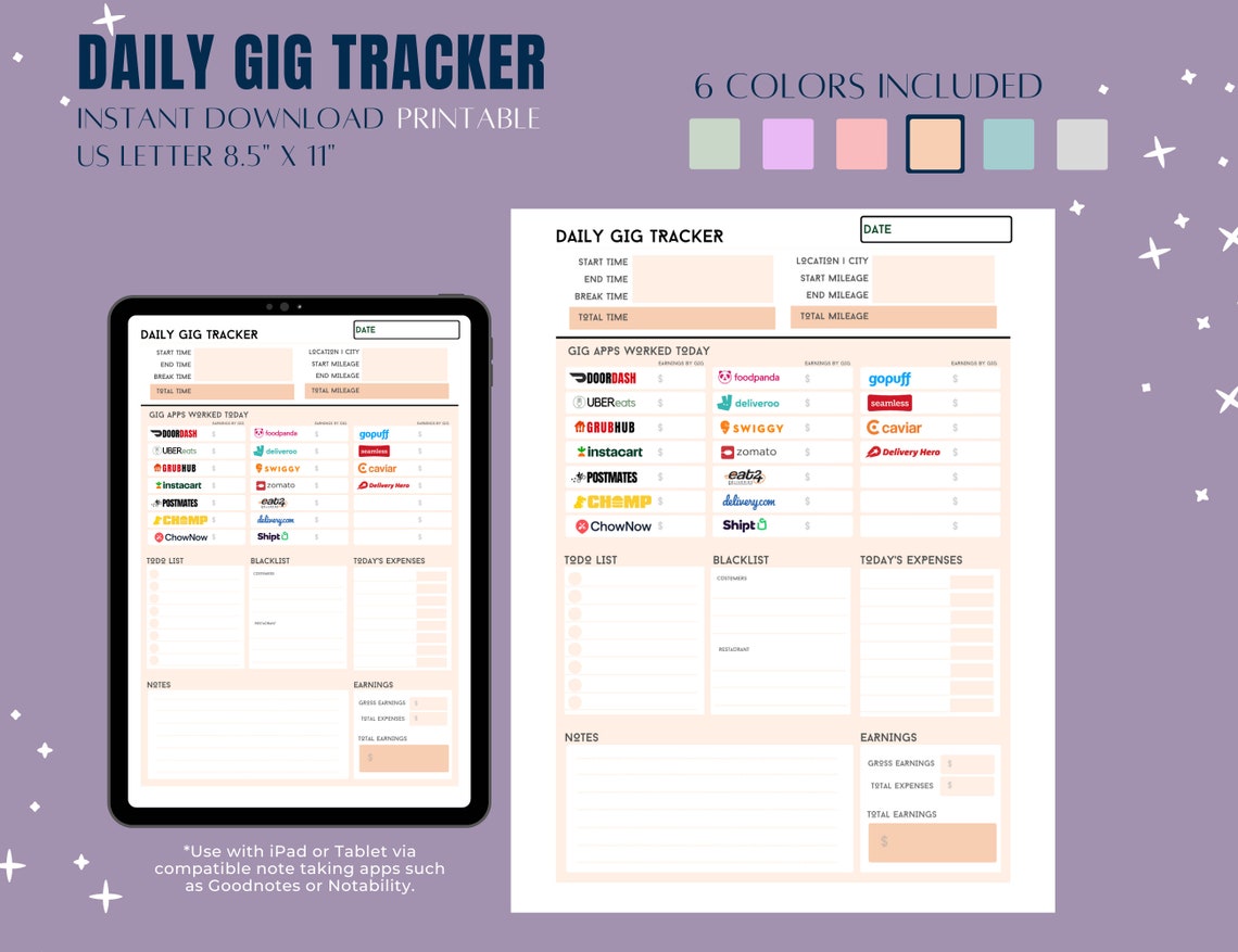 Daily Gig Tracker, Gig Economy, Mileage Log, Income Tracker, Expense ...