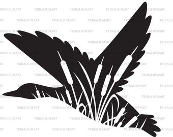 Flying Mallard Duck and Reeds Background Silhouette bulrush | Etsy