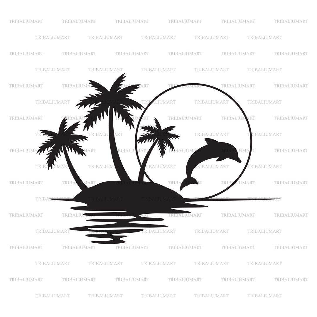 Abstract Palm Tree Dolphin Clip Art