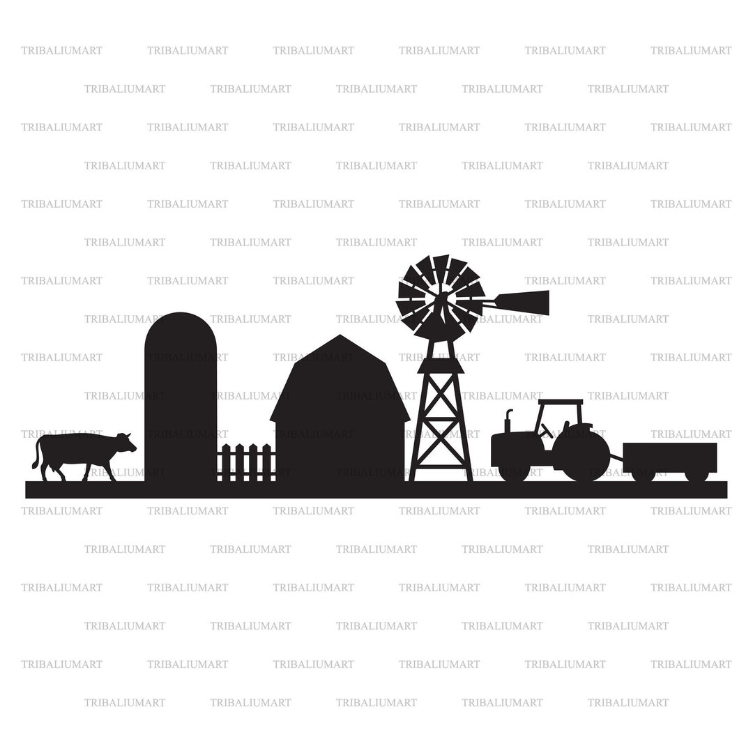 Farm Landscape Silhouette (barn, Silo, Tractor, Wagon, Water Pumping ...