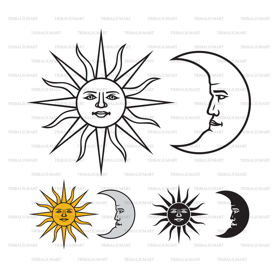 Sun and Crescent Moon - Vintage Design. Cut Files for Cricut. Clip Art ...
