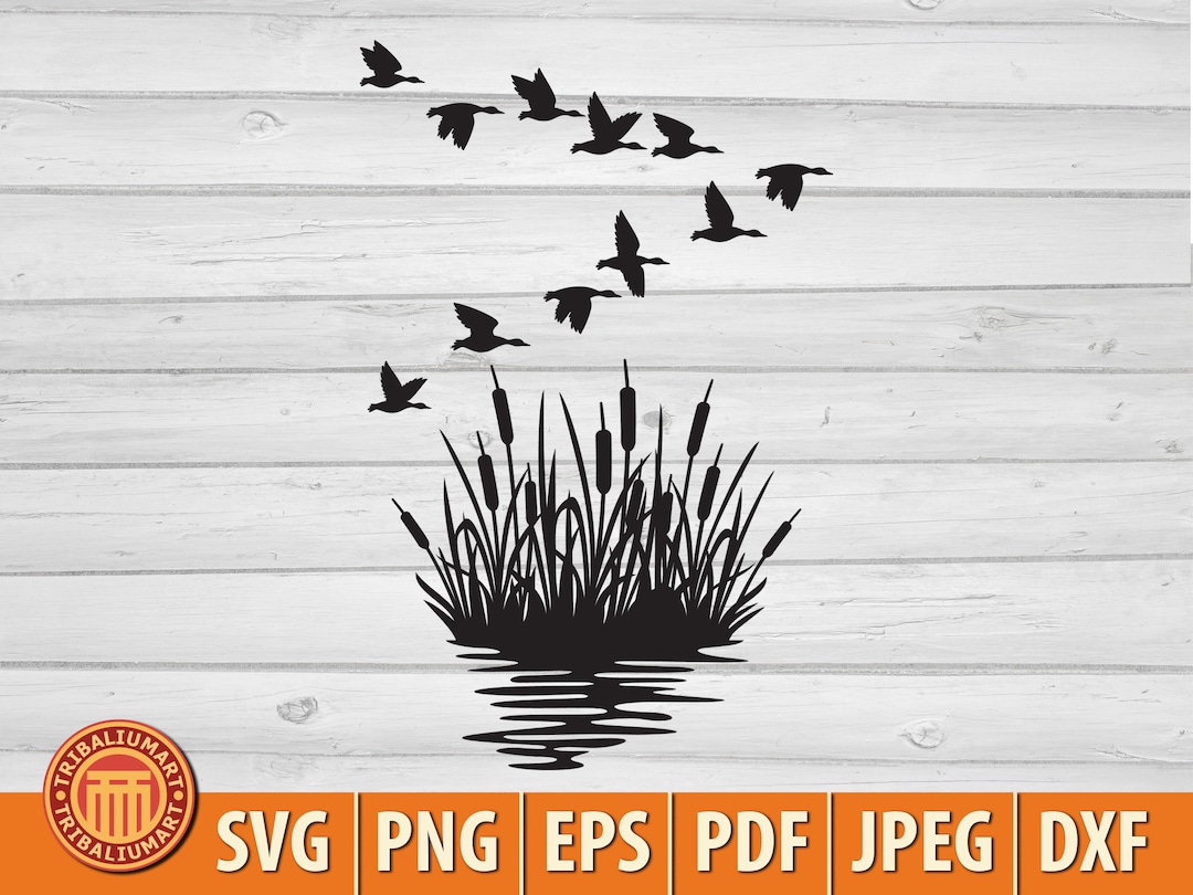 Flock of Mallard Ducks and Reeds Background Silhouette (bulrush and ...