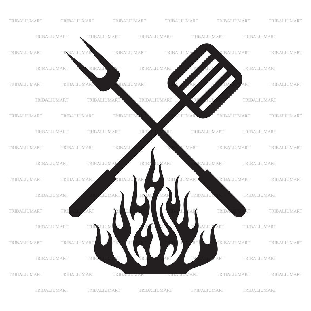 Grill Design - Barbecue. Crossed Spatula and Fork With Fire. Cut Files ...