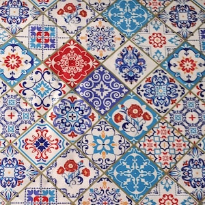 Spanish Tiles Print Fabric by the Yard Upholstery, Blue White Red ...