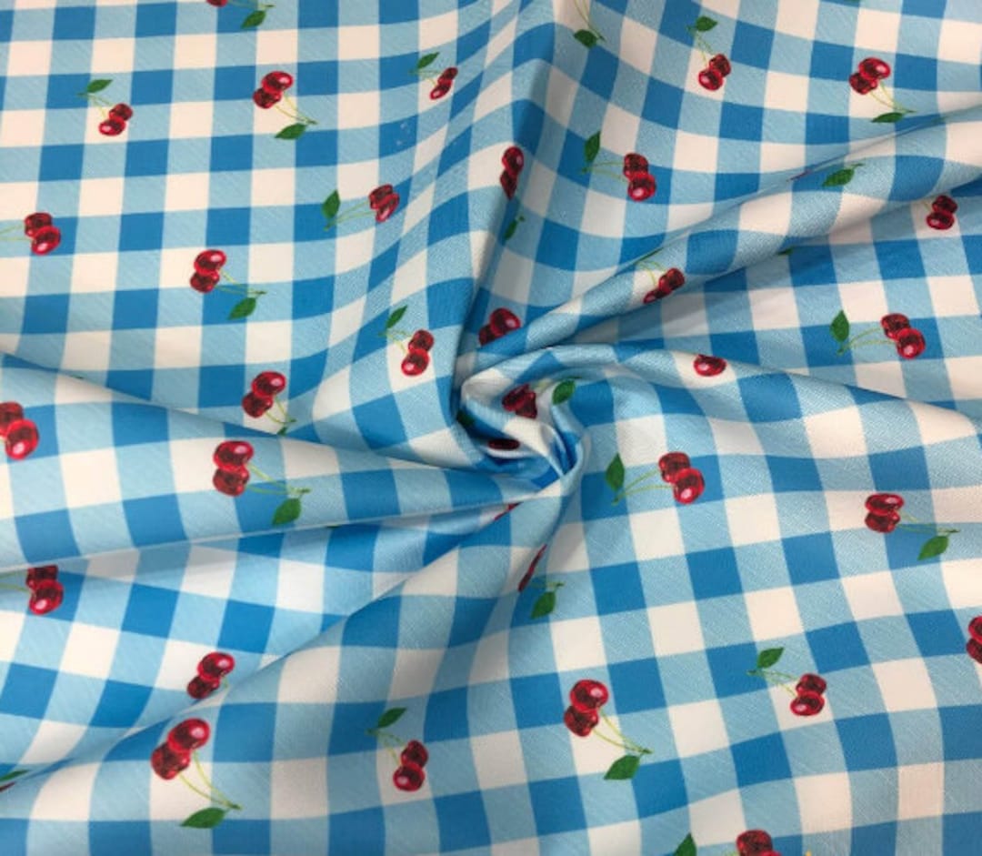 Blue Gingham Cherry Fabric, Blue Plaid by the Yard, Cherry Table Cloth ...