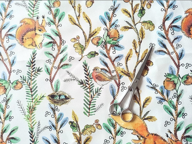 Squirrel, Filbert, Hazelnut and Bird Pupholstery Fabric for Textile ...