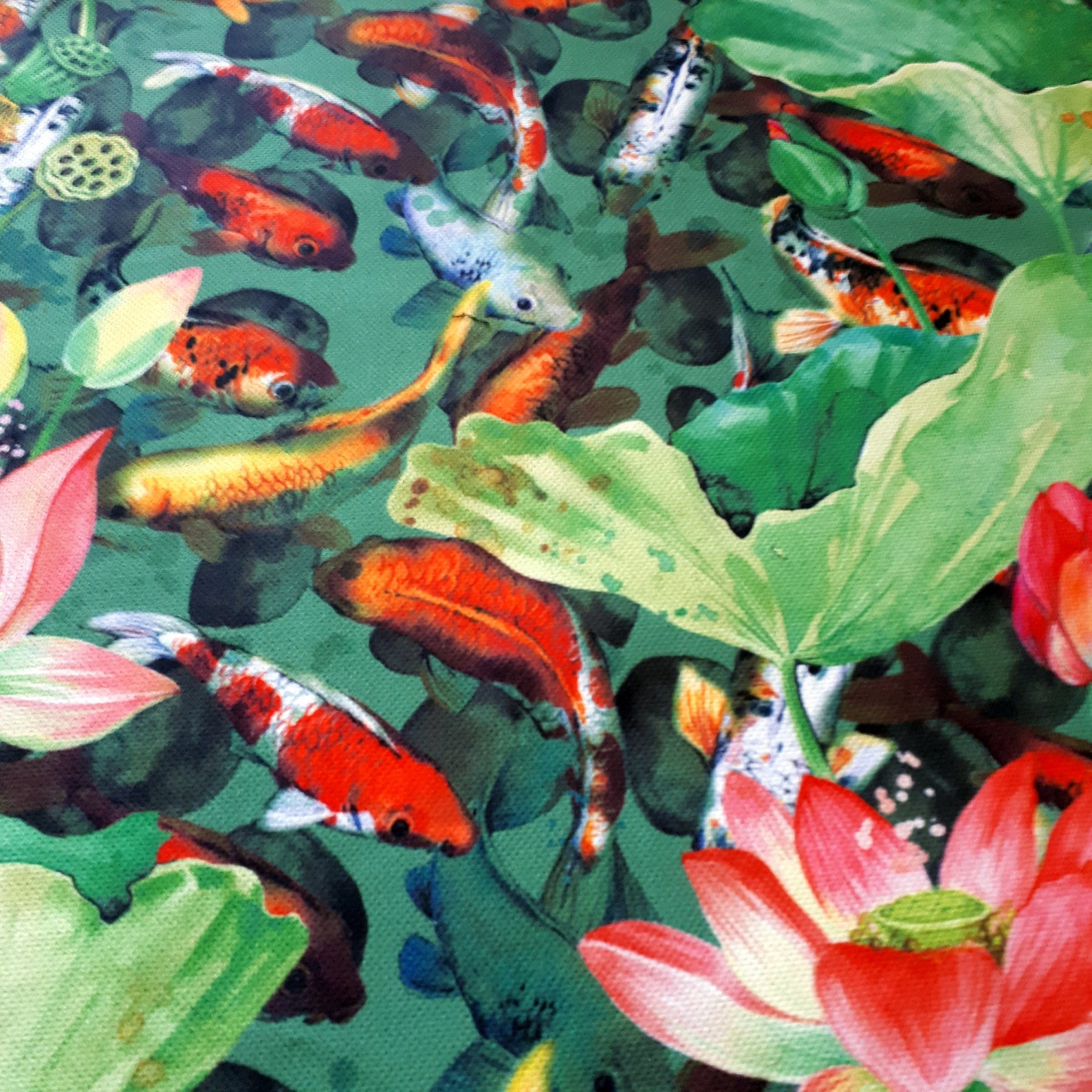 Fish Print Fabric, Japanese Fish, Carp Fish With Green Leaf and Flower ...