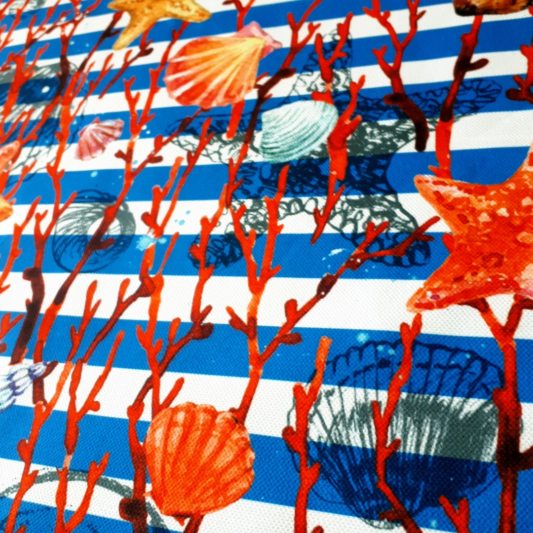Starfish Coral Reef Upholstery Fabric Blue Striped Mussel by - Etsy
