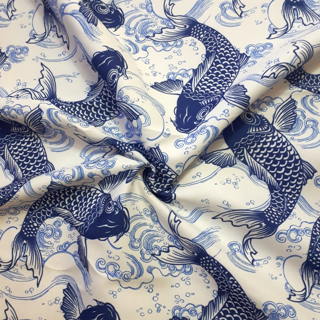 Blue Koi Fish Fabric by the Yard, Blue Fish Vintage Swimming Fish ...
