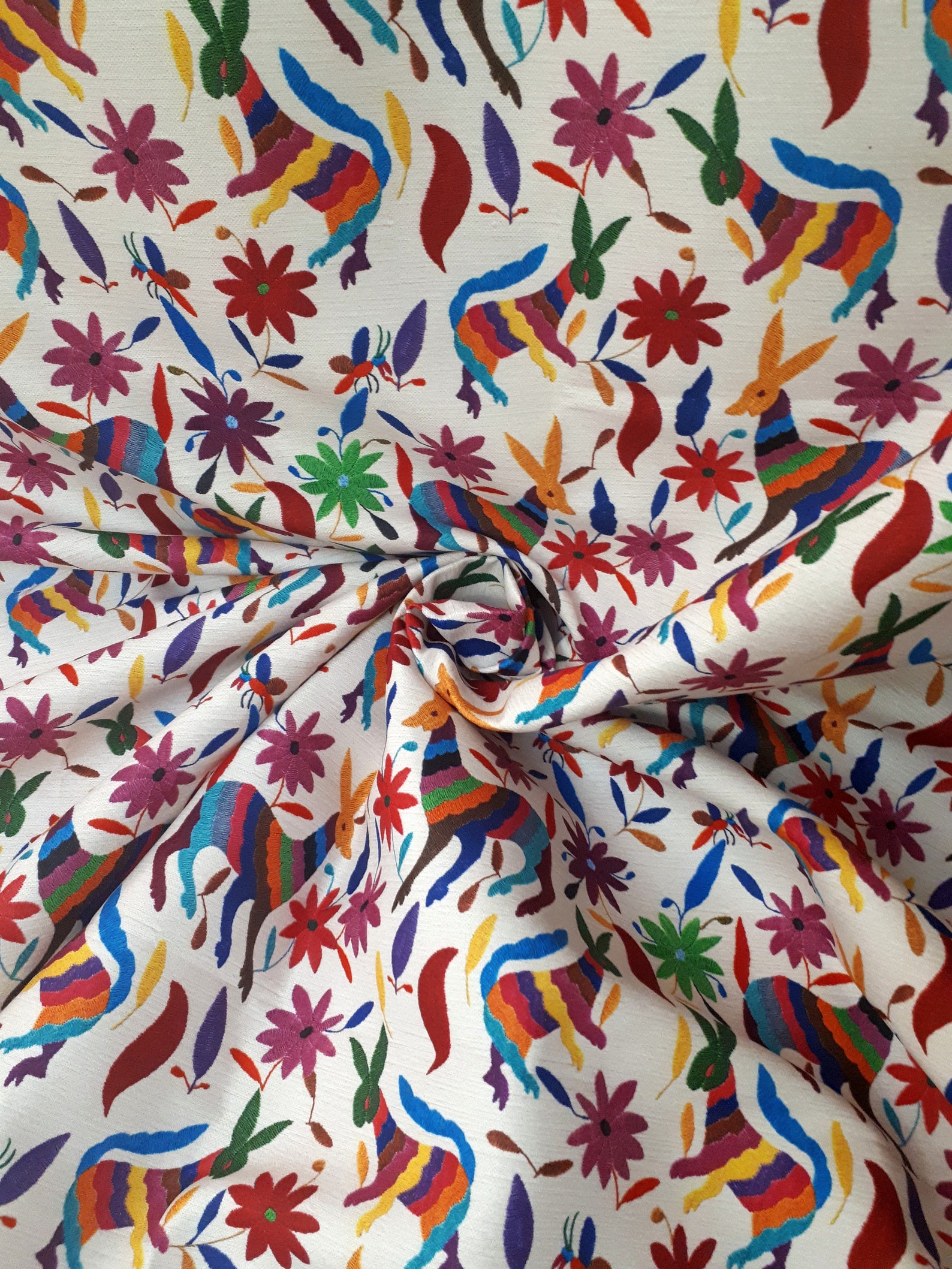 Otomi Mexican Fabric Colorful Flower Leaf and Rabbit Deer Print Fabric ...