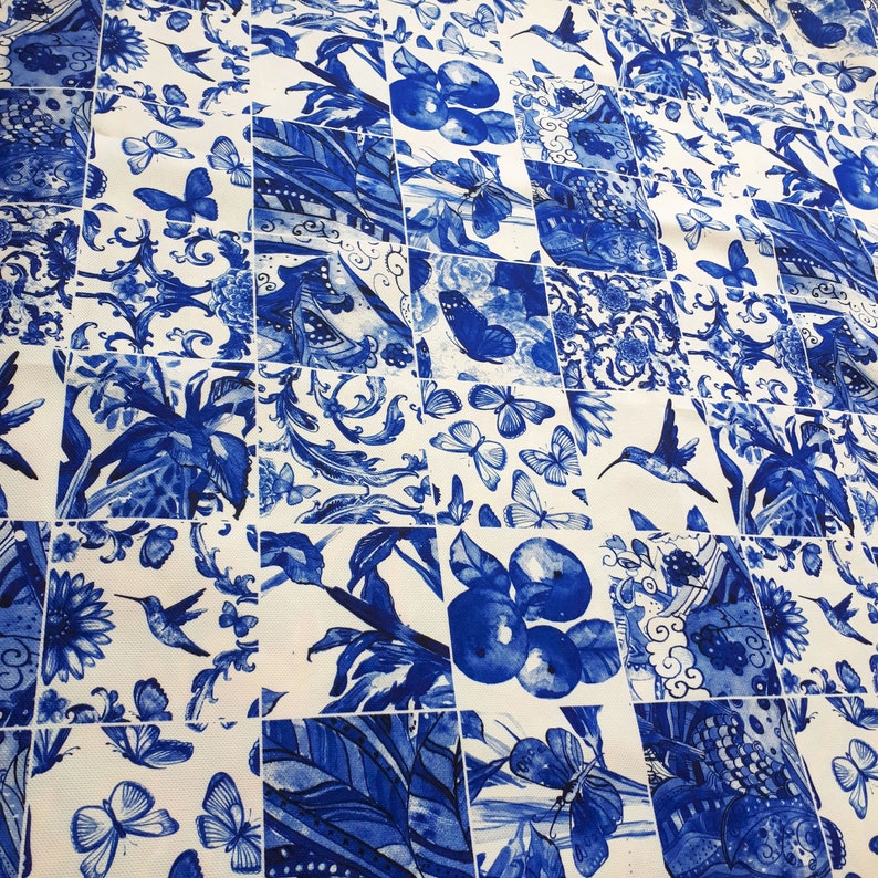 Blue Ceramic Tile Print Fabric, Majolika Faience Fabric, Blue Fabric ...