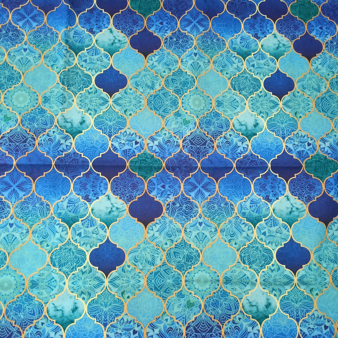 Turquoise Blue Moroccan Ethnic Patterned Fabric, Navy Blue Color Fabric ...