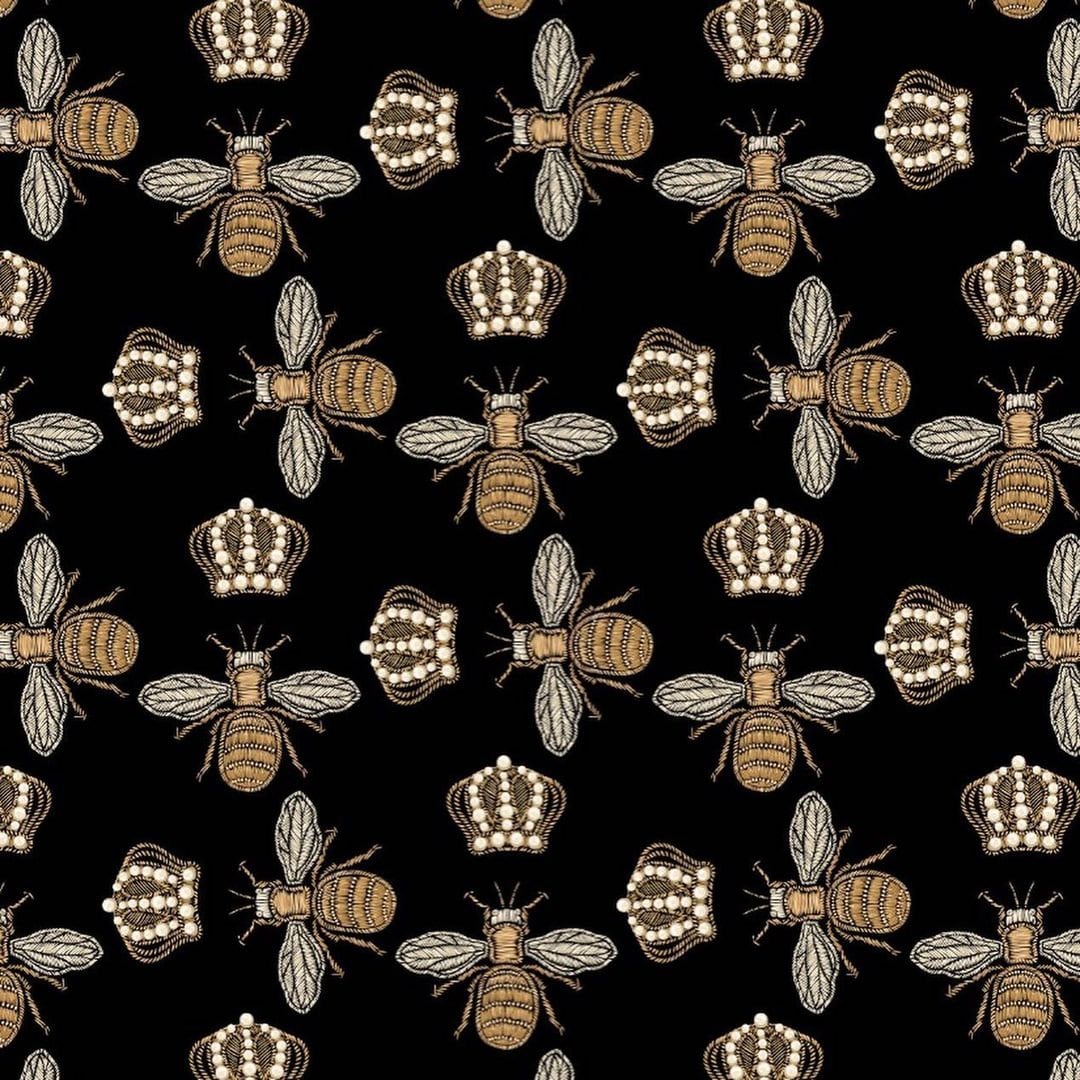 Royal Gold Embroidery Bee Pattern Fabric for Fashion, Crown on a Black ...
