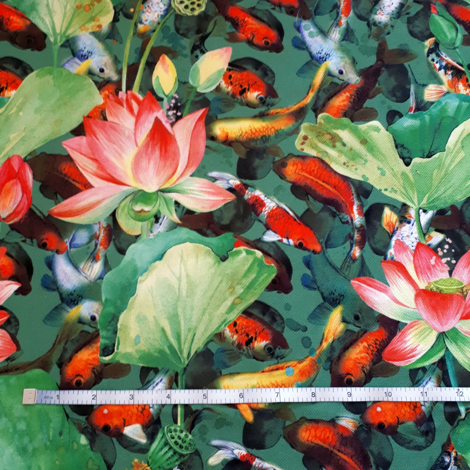 Fish Print Fabric, Japanese Fish, Carp Fish With Green Leaf and Flower ...
