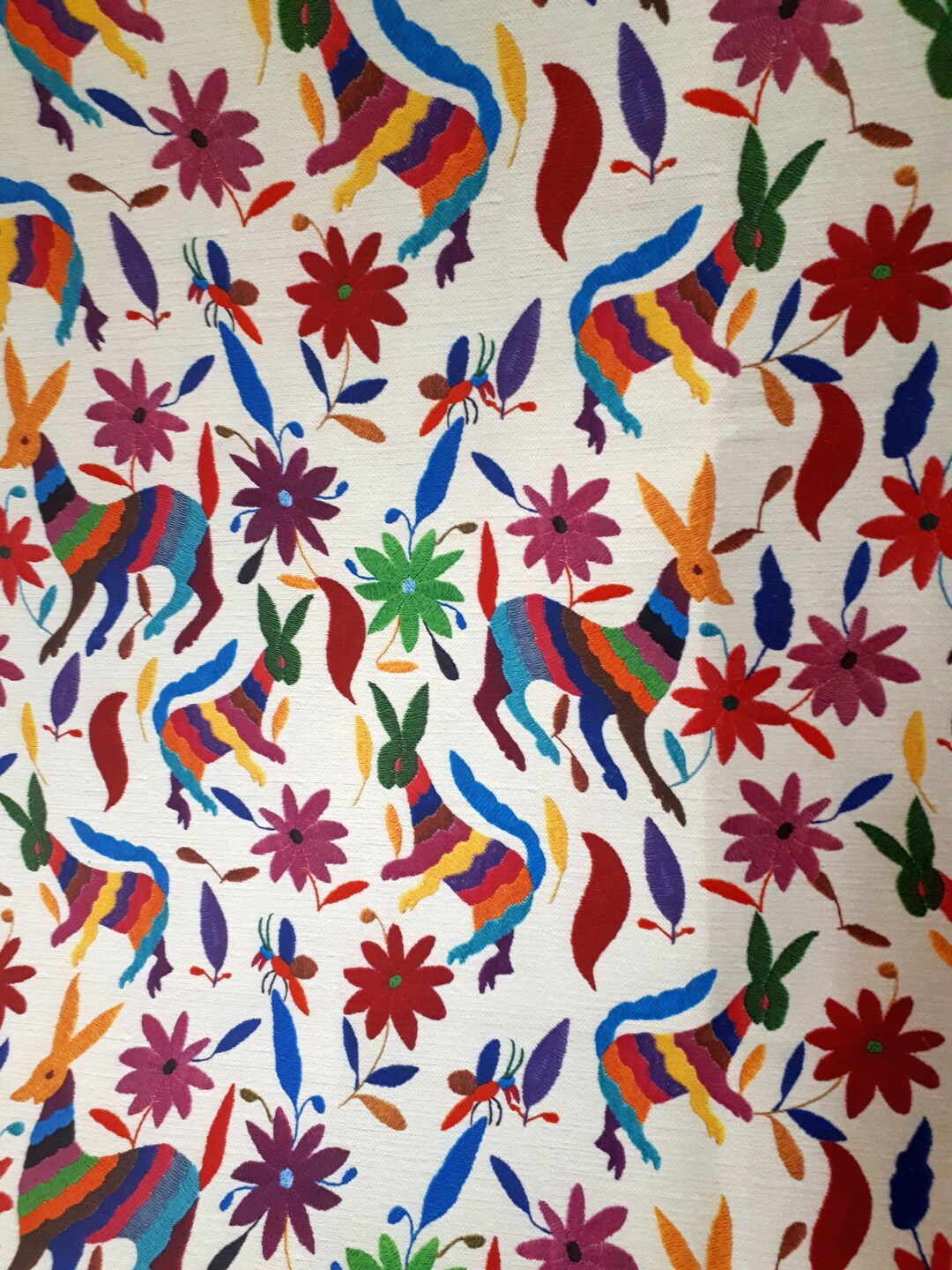 Otomi Mexican Fabric Colorful Flower Leaf and Rabbit Deer Print Fabric ...