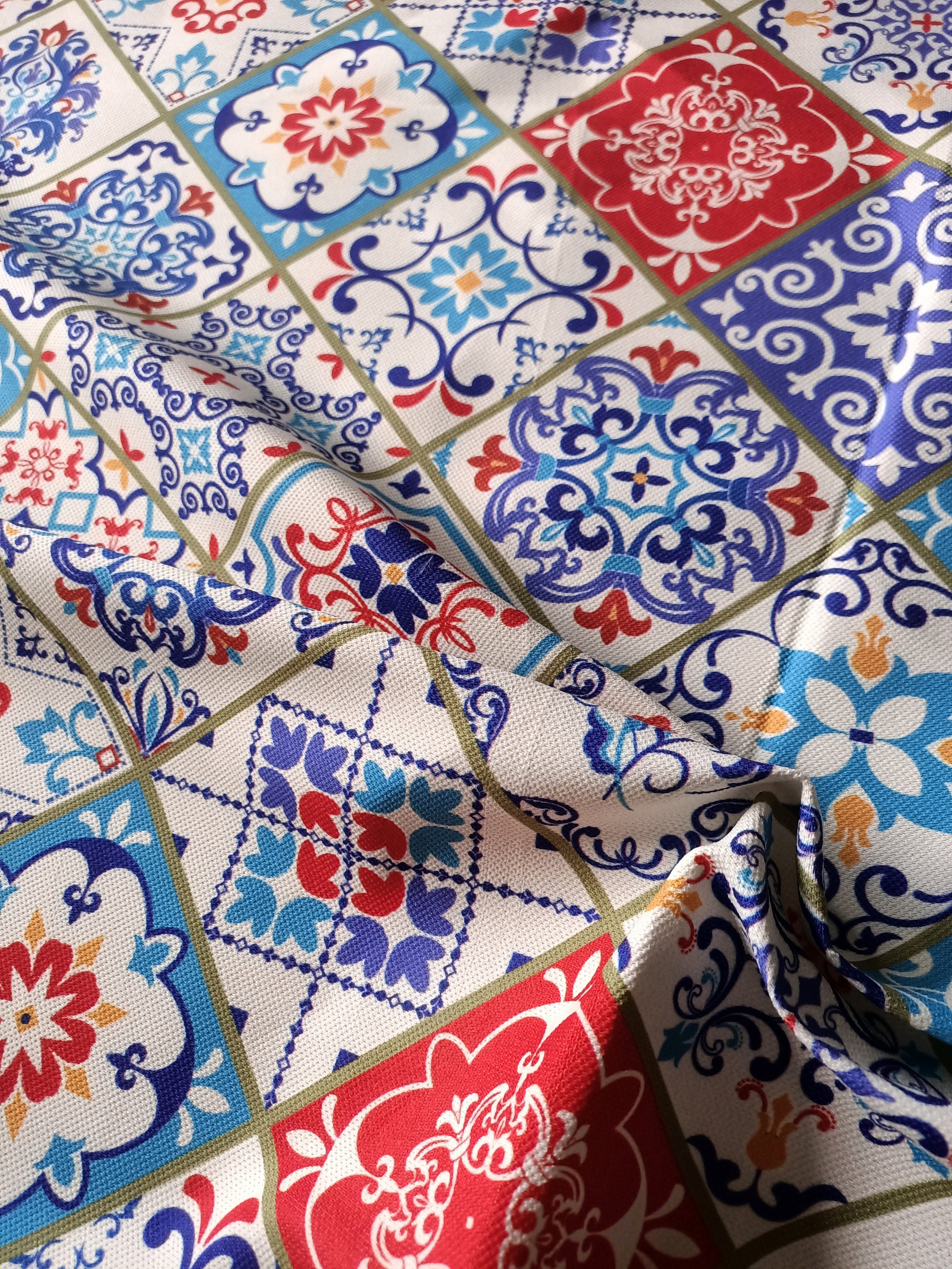Spanish tiles print fabric by the yard upholstery Blue White | Etsy