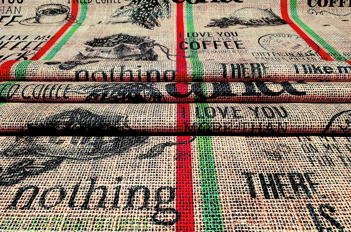 Coffee Fabric, Natural Sack Print Digital Fabric by the Yard for ...