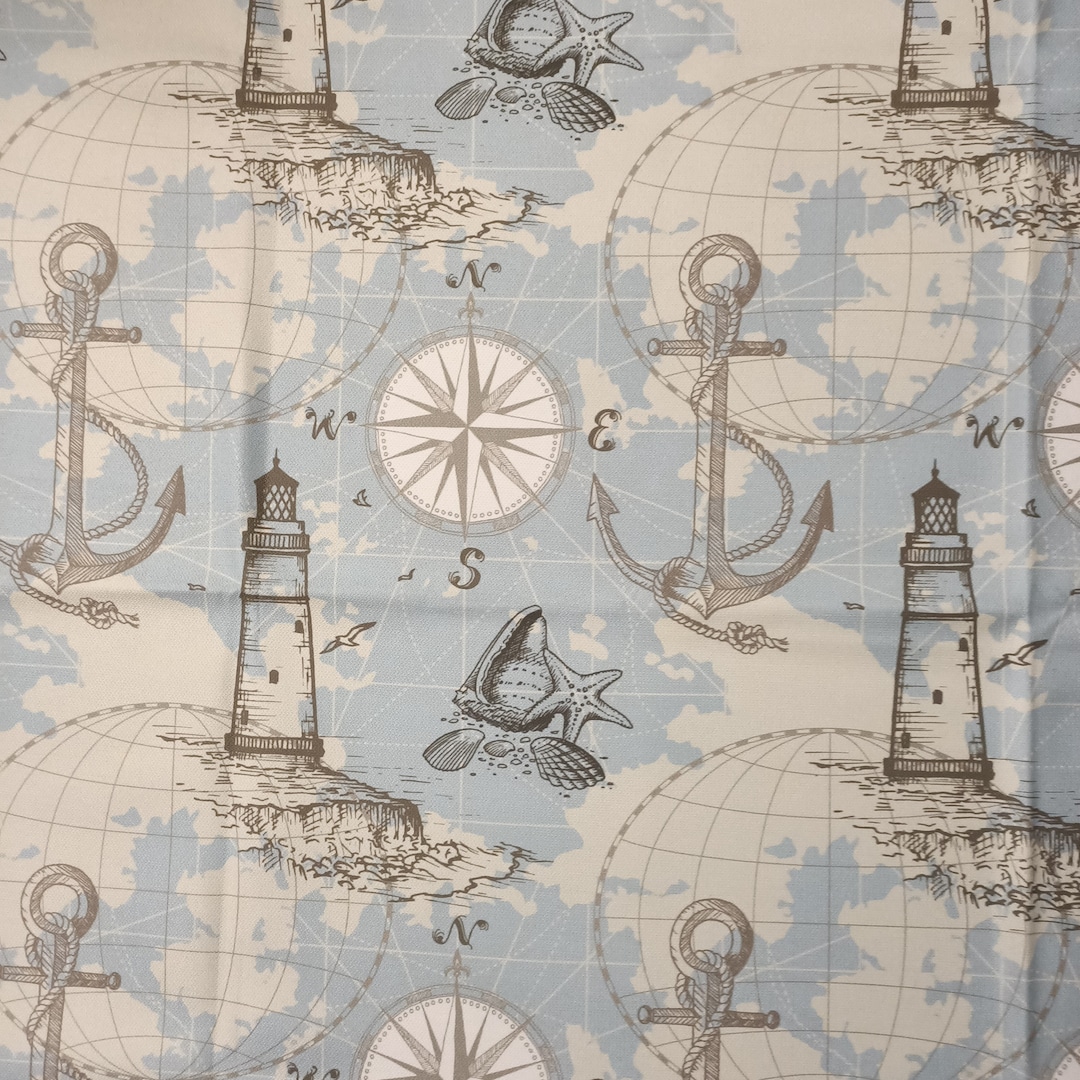 Sea, Marine Upholstery Fabric, Lighthouse, Anchor, Lighthouse, Seashell ...