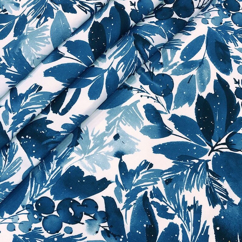 Blue watercolor fabric blue leaf fabric blue upholstery | Etsy