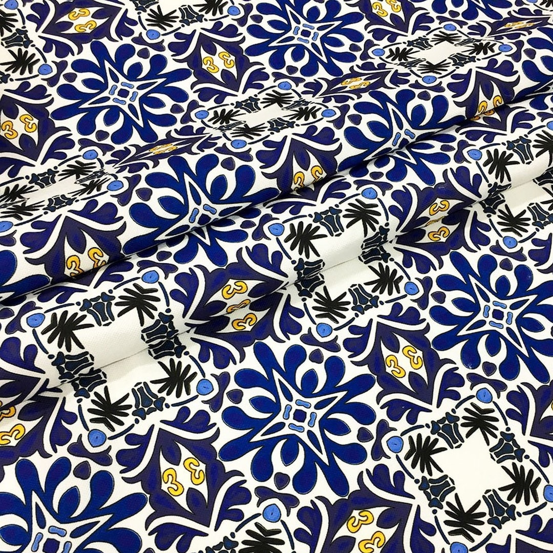 Blue Tile Print Fabric for Home Textile, Upholstery, Chair, Curtain ...