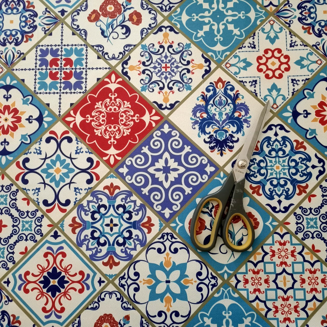 Mosaic Tile, Ceramic Tile Pattern Print Fabric, White Blue Red Mosaic ...