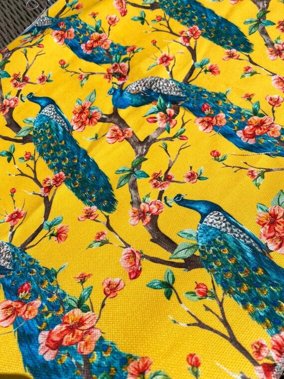 Peacock Print Fabric Yellow Upholstery Fabric by the Yard - Etsy
