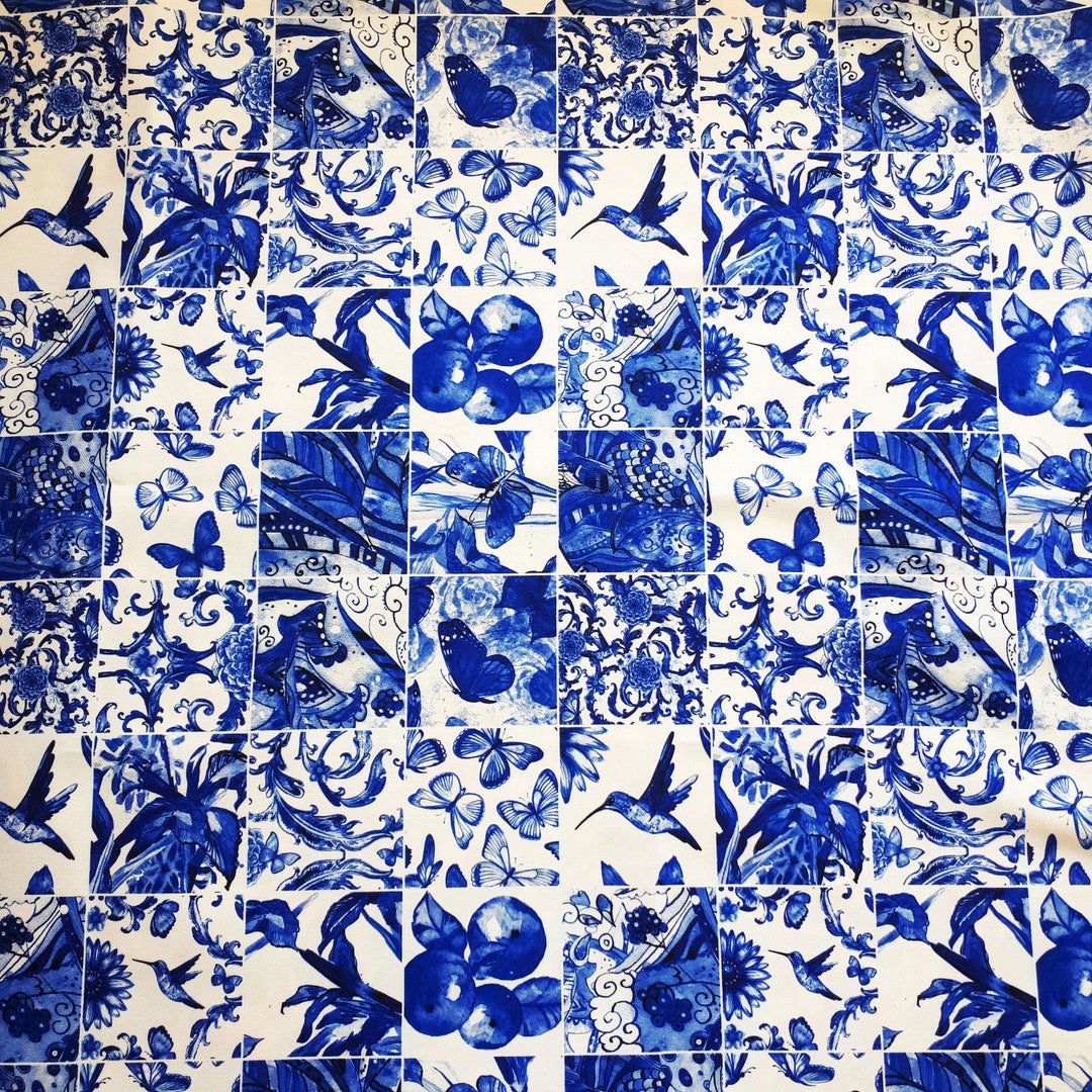 Blue Ceramic Tile Print Fabric, Majolika Faience Fabric, Blue Fabric ...