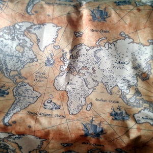 Aging Map Print Fabric, Old World Map Print Fabric, Vintage Map Print ...