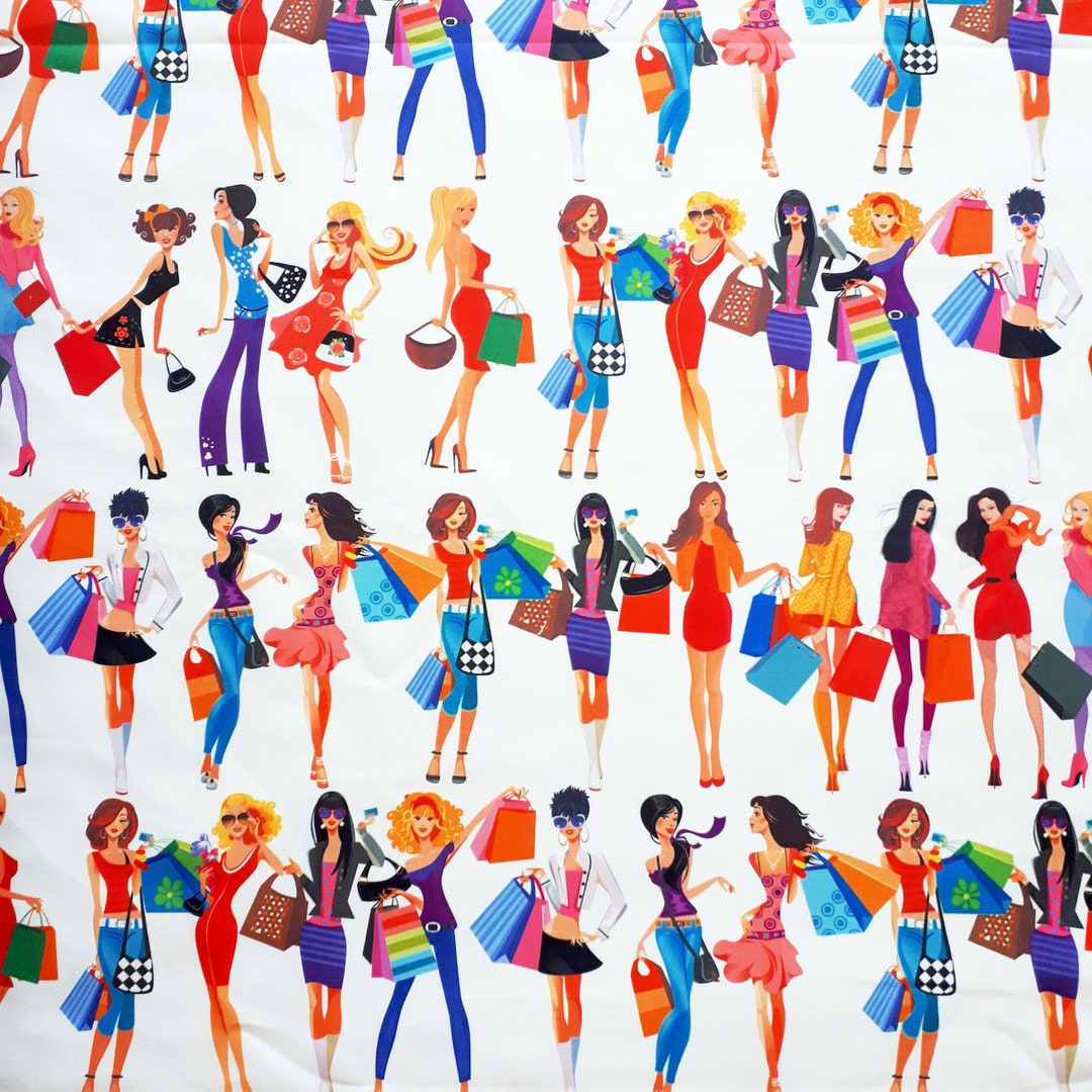 Shopping Girl Print Fabric, Young Lady With Shopping Bag Print Fabric ...