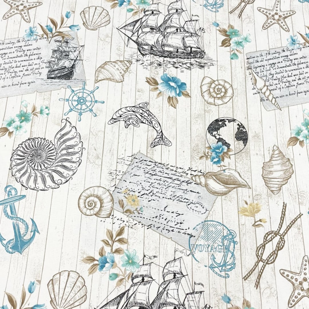 Nautical Sail Cotton Upholstery Fabric, Seashell Fabric, Beach Fabric ...