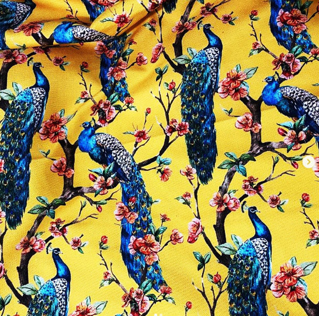 Peacock Print Fabric, Yellow Upholstery Fabric, by the Yard Fabric ...