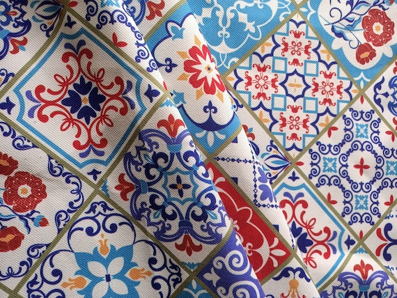 Spanish Tiles Print Fabric by the Yard Upholstery Blue White - Etsy