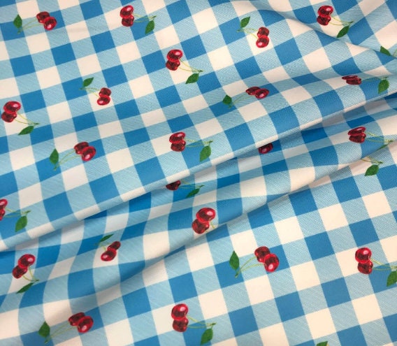 Blue Gingham Cherry Fabric Blue Plaid by the Yard Cherry | Etsy