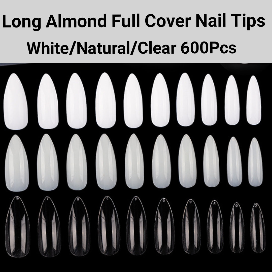 Long Almond Full Cover Tips 600pcs Natural Nail Art Fake - Etsy