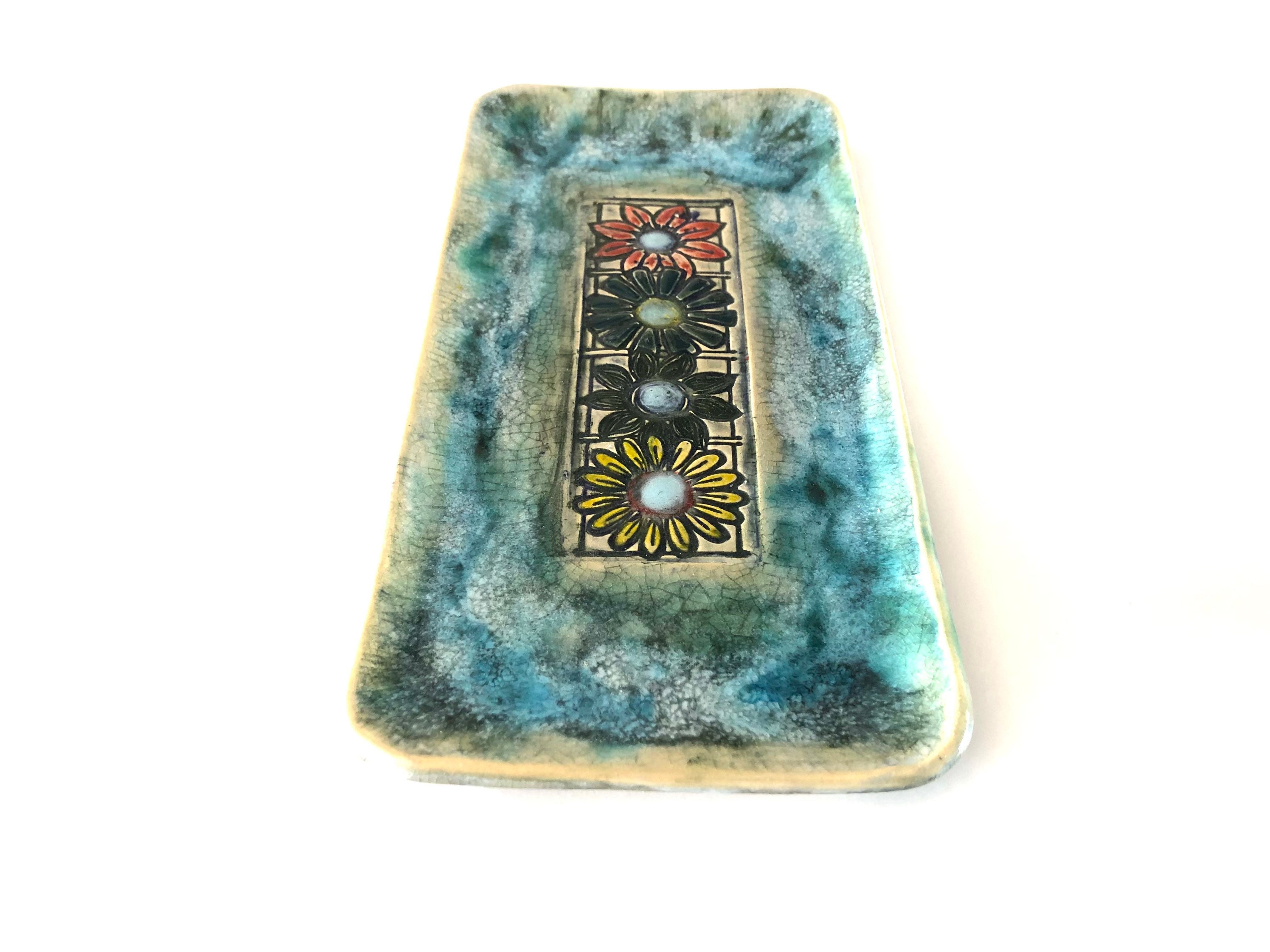 Turquoise Flowers Ceramic Tray small Bowl, Pottery Serving Plate Set ...