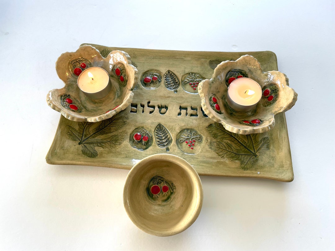 Ceramic Shabbat Shalom Plate With Two Candleholders and Small Bowl ...